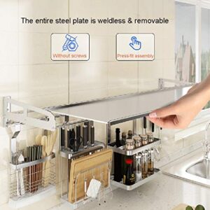 Foldable Stainless Steel Microwave Oven Wall Mount Shelf with 5 Hooks 304 Kitchen Commercial Shelf Rack Restaurant Bar Multifunctional Storage Shelf for Toaster Spice Stand