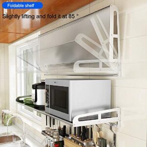 Foldable Stainless Steel Microwave Oven Wall Mount Shelf with 5 Hooks 304 Kitchen Commercial Shelf Rack Restaurant Bar Multifunctional Storage Shelf for Toaster Spice Stand