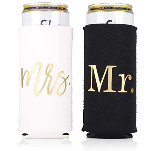 Couples Can Cooler Set for Newlyweds - Engaged - Wedding - Honeymoon Gold Foil Print (Mr Slim and Mrs Slim)