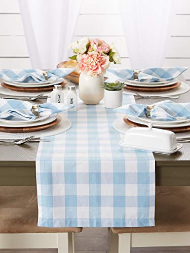 DII Buffalo Check Collection, Classic Farmhouse Table Runner, 14x72, Light Blue & White