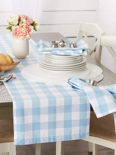 DII Buffalo Check Collection, Classic Farmhouse Table Runner, 14x72, Light Blue & White