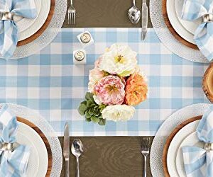 DII Buffalo Check Collection, Classic Farmhouse Table Runner, 14x72, Light Blue & White