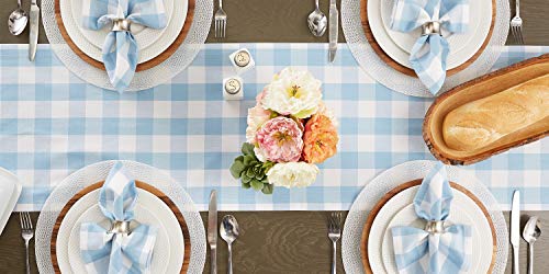 DII Buffalo Check Collection, Classic Farmhouse Table Runner, 14x72, Light Blue & White