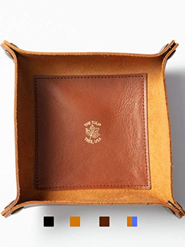 USA Made Premium Leather Valet Tray, Folds Flat! Little Buddy Dice Rolling Basket and Organizer With Brass Snaps - Reinforced Felt Bottom - For Keys, Jewelry, Coin, EDC, Watch Storage Caddy - Chestnut