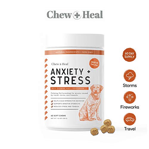 Chew + Heal Dog Calming Treats - 60 Soft Chews, Anxiety Supplement - Stress Relief Thiamine and L-Tryptophan for Travel, Storms, Fireworks - with Ginger and Melatonin - Made in The USA