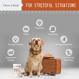 Chew + Heal Dog Calming Treats - 60 Soft Chews, Anxiety Supplement - Stress Relief Thiamine and L-Tryptophan for Travel, Storms, Fireworks - with Ginger and Melatonin - Made in The USA