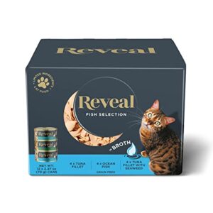 reveal natural wet cat food, 12 pack, limited ingredient canned, grain free, variety of fish flavors in broth, 2.47oz cans