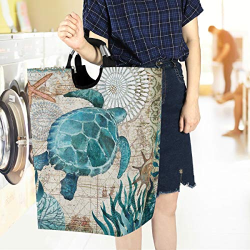 visesunny Coral Turtle On The Wood Large Laundry Bag Collapsible Oxford Fabric Laundry Hamper Foldable Portable Dirty Clothes Laundry Basket with Handles Waterproof Washing Bin Laundry Tote Bag