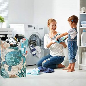 visesunny Coral Turtle On The Wood Large Laundry Bag Collapsible Oxford Fabric Laundry Hamper Foldable Portable Dirty Clothes Laundry Basket with Handles Waterproof Washing Bin Laundry Tote Bag