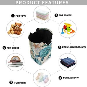 visesunny Coral Turtle On The Wood Large Laundry Bag Collapsible Oxford Fabric Laundry Hamper Foldable Portable Dirty Clothes Laundry Basket with Handles Waterproof Washing Bin Laundry Tote Bag