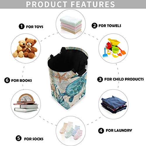 visesunny Coral Turtle On The Wood Large Laundry Bag Collapsible Oxford Fabric Laundry Hamper Foldable Portable Dirty Clothes Laundry Basket with Handles Waterproof Washing Bin Laundry Tote Bag