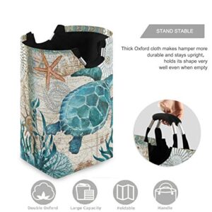 visesunny Coral Turtle On The Wood Large Laundry Bag Collapsible Oxford Fabric Laundry Hamper Foldable Portable Dirty Clothes Laundry Basket with Handles Waterproof Washing Bin Laundry Tote Bag