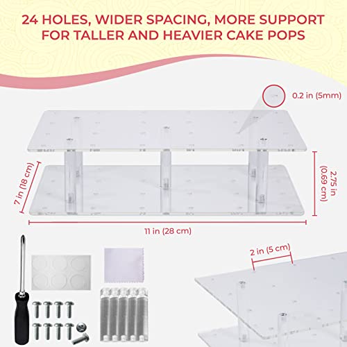 Cal's Cake Pops Premium 24 Hole (2 Dozen) Large Cake Pop Display Stand | Wider Spacing & Holes | Extra Support for 6'' OR 8'' Cake Pop Sticks, Clear