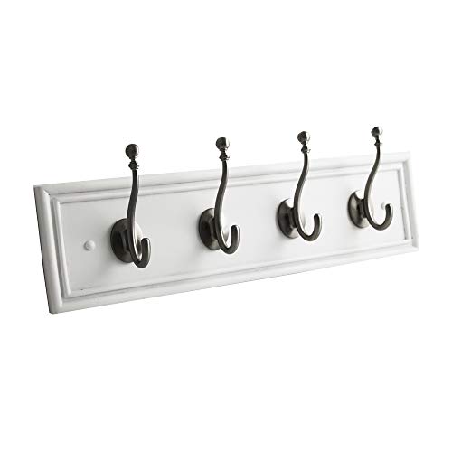 Hickory Hardware Cottage Collection Coat Rack/Hook Rail 4 Coat and Hat Hooks 20 Inch Long White with Satin Nickel Finish