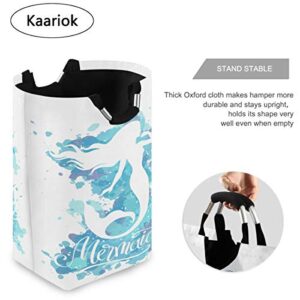 Kaariok Watercolor Mermaid Fantasy Fish Blue Laundry Hamper with Handles Waterproof Collapsible Storage Basket Large Dirty Clothes Bin for Laundry Room, 22.7 Inches