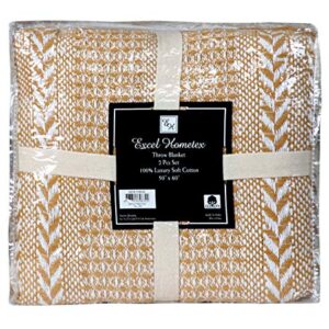 Excel Hometex 100% Cotton Throw Blanket Handloom Batik (50 x 60 Inch Set of 2)- Luxurious Cotton Throw Blanket-Indoor - Outdoor Throw Blanket (Gold, 50" x 60")