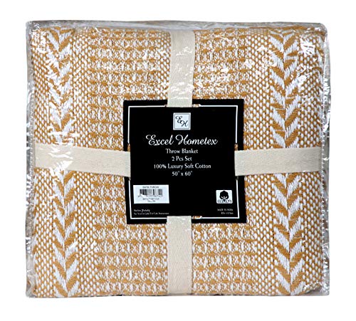 Excel Hometex 100% Cotton Throw Blanket Handloom Batik (50 x 60 Inch Set of 2)- Luxurious Cotton Throw Blanket-Indoor - Outdoor Throw Blanket (Gold, 50" x 60")