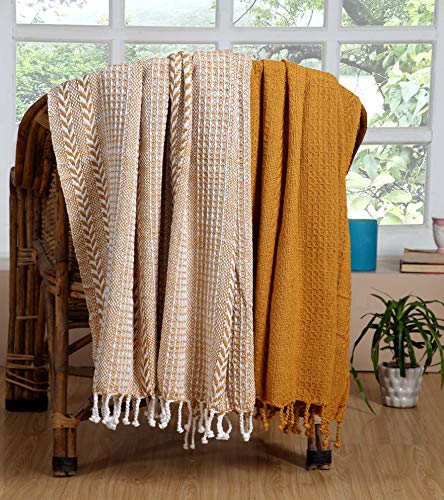 Excel Hometex 100% Cotton Throw Blanket Handloom Batik (50 x 60 Inch Set of 2)- Luxurious Cotton Throw Blanket-Indoor - Outdoor Throw Blanket (Gold, 50" x 60")