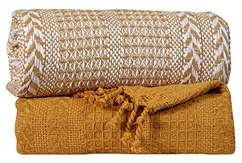 Excel Hometex 100% Cotton Throw Blanket Handloom Batik (50 x 60 Inch Set of 2)- Luxurious Cotton Throw Blanket-Indoor - Outdoor Throw Blanket (Gold, 50" x 60")