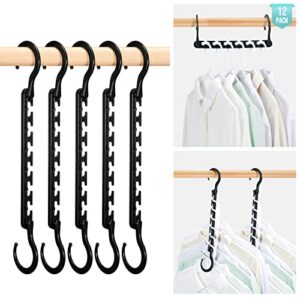 house day sturdy plastic space saving hangers 12 pack, cascading hangers organizer closet space saver 80% and wrinkle free clothes, multi collapsible hangers for heavy clothes, shirts, pants (black)