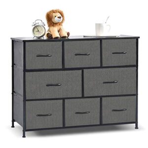 deep grey fabric dresser storage organizer 8-drawer closet shelves, dressers storage chest for bedroom, living room, hallway & nursery with easy pull fabric bins wood top