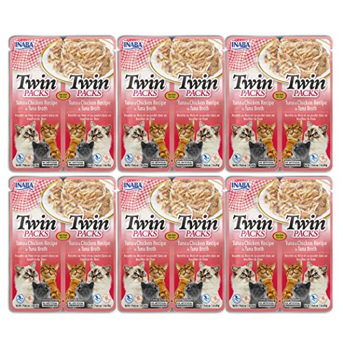 INABA Twin Packs for Cats, Grain-Free Shredded Chicken & Broth Gelée Side Dish/Topper Pouch, 1.4 Ounces per Serving, 16.8 Ounces Total (12 Servings), Tuna & Chicken Recipe in Tuna Broth