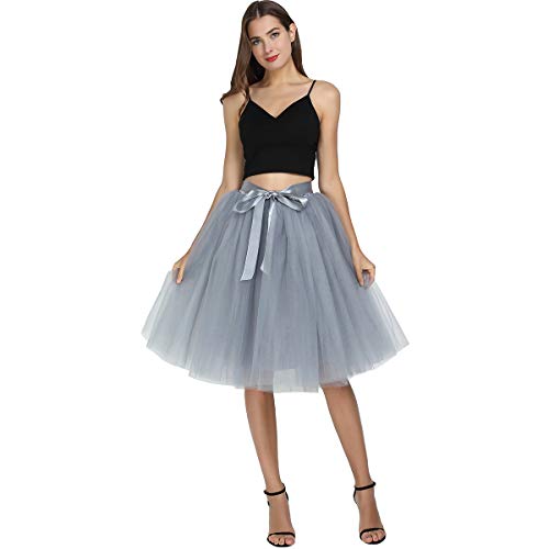 TOPCHANCES Women's Tulle Skirt,50s Vintage Petticoat Retro Underskirt A Line Knee Length Adult Skirt with Sash Costume for Party Gown Prom Formal (L/Wasitline 25.6in-39.3in,Length 25.6in, Gray)