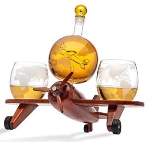 godinger whiskey decanter airplane globe set with 2 world whiskey glasses - for liquor scotch bourbon vodka