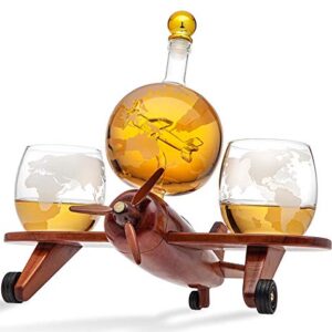 Godinger Whiskey Decanter Airplane Globe Set with 2 World Whiskey Glasses - for Liquor Scotch Bourbon Vodka