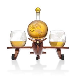 Godinger Whiskey Decanter Airplane Globe Set with 2 World Whiskey Glasses - for Liquor Scotch Bourbon Vodka