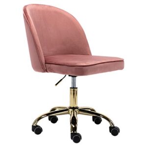 guyou pink velvet gold desk chair with wheels armless upholstered vanity chair, rolling swivel small task chair home desk chair for home office studio (dusty rose pink)