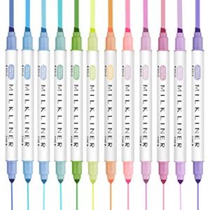 yoousoo double highlighters pens assorted colors, 12 colors broad and fine tips highlighter pastel marker set for student office classroom