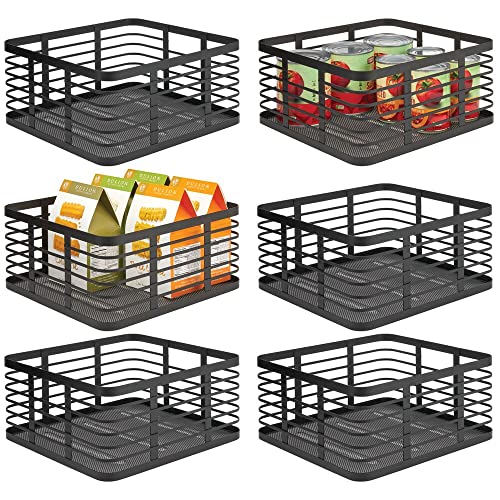 mDesign Steel Metal Wire Kitchen Food Storage Organizer Bin Basket for Pantry Organization - Wired Farmhouse Basket with Handle for Shelves - Carson Collection - 6 Pack, Matte Black