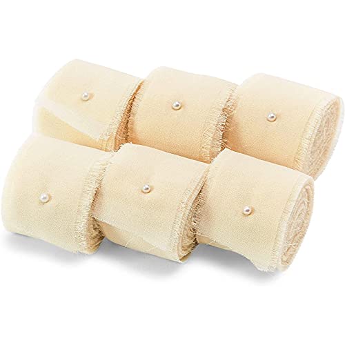 Chiffon Silk-Like Ribbons, 6-Yard Rolls for Weddings, Decorations and Gift Wrapping (Cream, 1.5 Inches Wide, 6 Rolls)