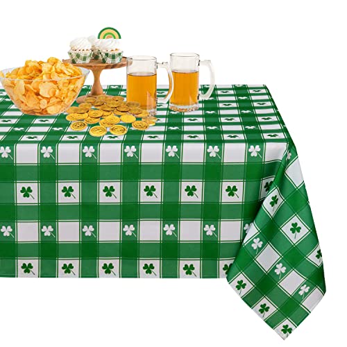 LUSHVIDA St.Patrick's Day Rectangle Table Cloth, 60 x 84 Inch - Shamrock Plaid Patterned Irish Clover Washable Microfiber Tablecloth Decorative Table Covers for Picnic Party, 100% Polyester, 150 GSM