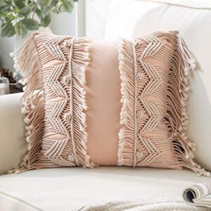 phantoscope 100% cotton handmade symmetry 3d crochet woven boho throw pillow farmhouse pillow insert included decorative cushion for couch sofa pink 18 x 18 inches 45 x 45 cm