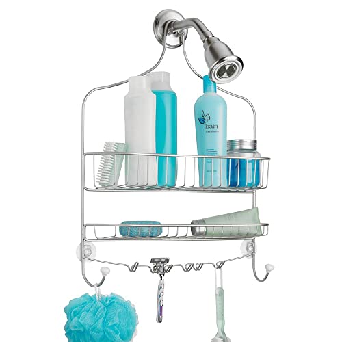 mDesign Metal Wire Tub & Shower Caddy, Hanging Storage Organizer Center with Built-In Hooks and Baskets on 2 Levels for Shampoo, Body Wash, Loofahs - Chrome