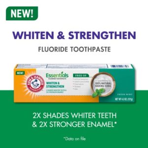 ARM & HAMMER Essentials Whiten & Strengthen Fluoride Toothpaste-4 Pack of 4.3oz Tubes, Fresh Mint- 100% Natural Baking Soda- Fluoride Toothpaste