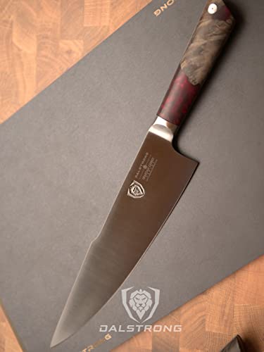 Dalstrong Chef Knife - 8 inch - Spartan Ghost Series - American Forged S35VN Powdered Steel Kitchen Knife - Maple & Red Resin Handle - Razor Sharp Cooking Knife -Sheath Included