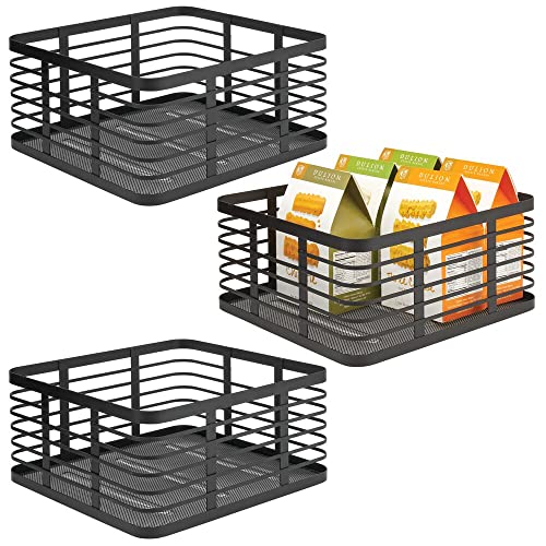 mDesign Steel Metal Wire Kitchen Food Storage Organizer Bin Basket for Pantry Organization - Wired Farmhouse Basket with Handle for Shelves - Carson Collection - 3 Pack, Matte Black