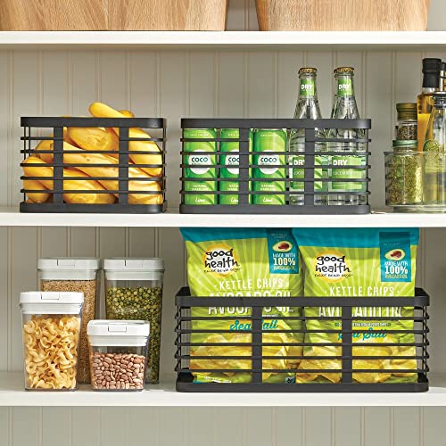 mDesign Steel Metal Wire Kitchen Food Storage Organizer Bin Basket for Pantry Organization - Wired Farmhouse Basket with Handle for Shelves - Carson Collection - 3 Pack, Matte Black