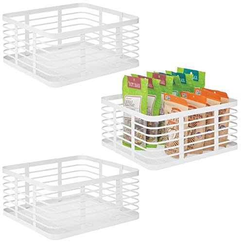 mDesign Steel Metal Wire Kitchen Food Storage Organizer Bin Basket for Pantry Organization - Wired Farmhouse Basket with Handle for Shelves - Carson Collection - 3 Pack, White