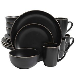 gibson home rockaway round stoneware dinnerware set, service for 4 (16pcs), black/gold rim