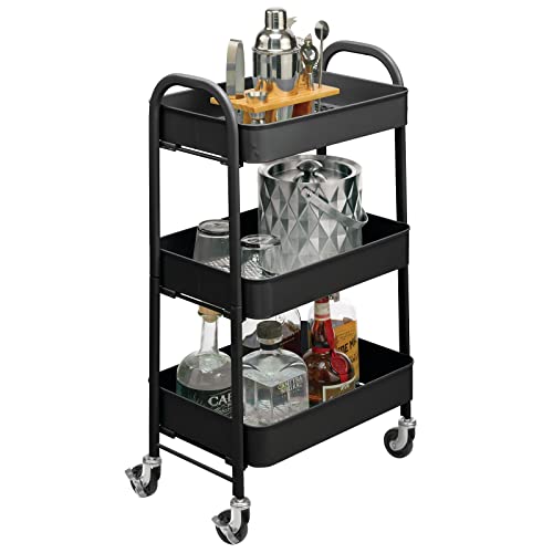 mDesign Metal 3-Tier Rolling Utility Storage Carts - Organizer Trolley for Bathroom, Kitchen, Laundry, Office, and Kids Rooms - Heavy Duty Caddy with 4 Caster Wheels - Matte Black