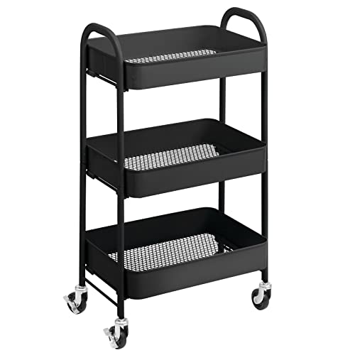 mDesign Metal 3-Tier Rolling Utility Storage Carts - Organizer Trolley for Bathroom, Kitchen, Laundry, Office, and Kids Rooms - Heavy Duty Caddy with 4 Caster Wheels - Matte Black