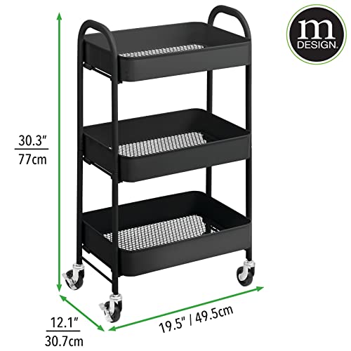 mDesign Metal 3-Tier Rolling Utility Storage Carts - Organizer Trolley for Bathroom, Kitchen, Laundry, Office, and Kids Rooms - Heavy Duty Caddy with 4 Caster Wheels - Matte Black