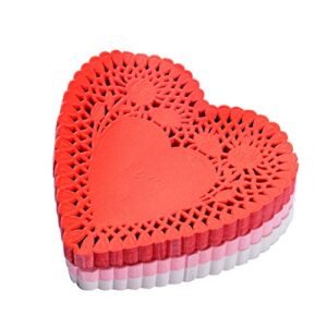 4 inch mini valentine heart doilies cutouts lace paper with 3 colors red, pink and white for valentine's day party (300 pieces)