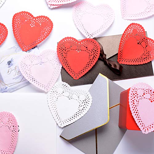 4 Inch Mini Valentine Heart Doilies Cutouts Lace Paper with 3 Colors Red, Pink and White for Valentine's Day Party (300 Pieces)