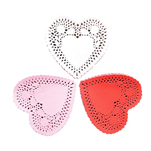 4 Inch Mini Valentine Heart Doilies Cutouts Lace Paper with 3 Colors Red, Pink and White for Valentine's Day Party (300 Pieces)