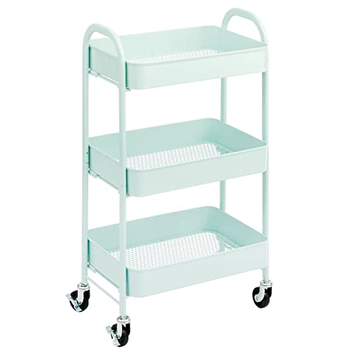 mDesign Metal 3-Tier Rolling Utility Storage Carts - Organizer Trolley for Bathroom, Kitchen, Laundry, Office, and Kids Rooms - Heavy Duty Caddy with 4 Caster Wheels - Mint Green